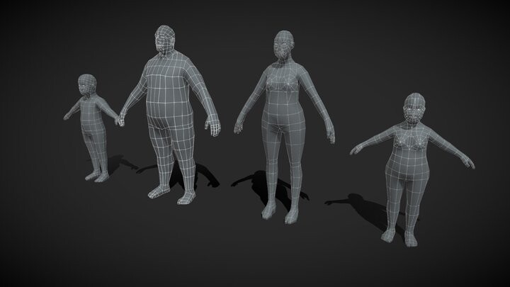 ArtStation - Fat Body Base Mesh 3D Model Family Pack 1000 Polygons