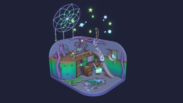 ArtStation - 3D project - The dreamed bedroom - stylised diorama - Maya