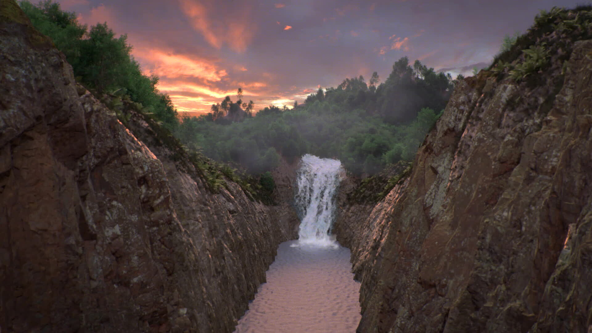 ArtStation - Waterfall on Sunset
