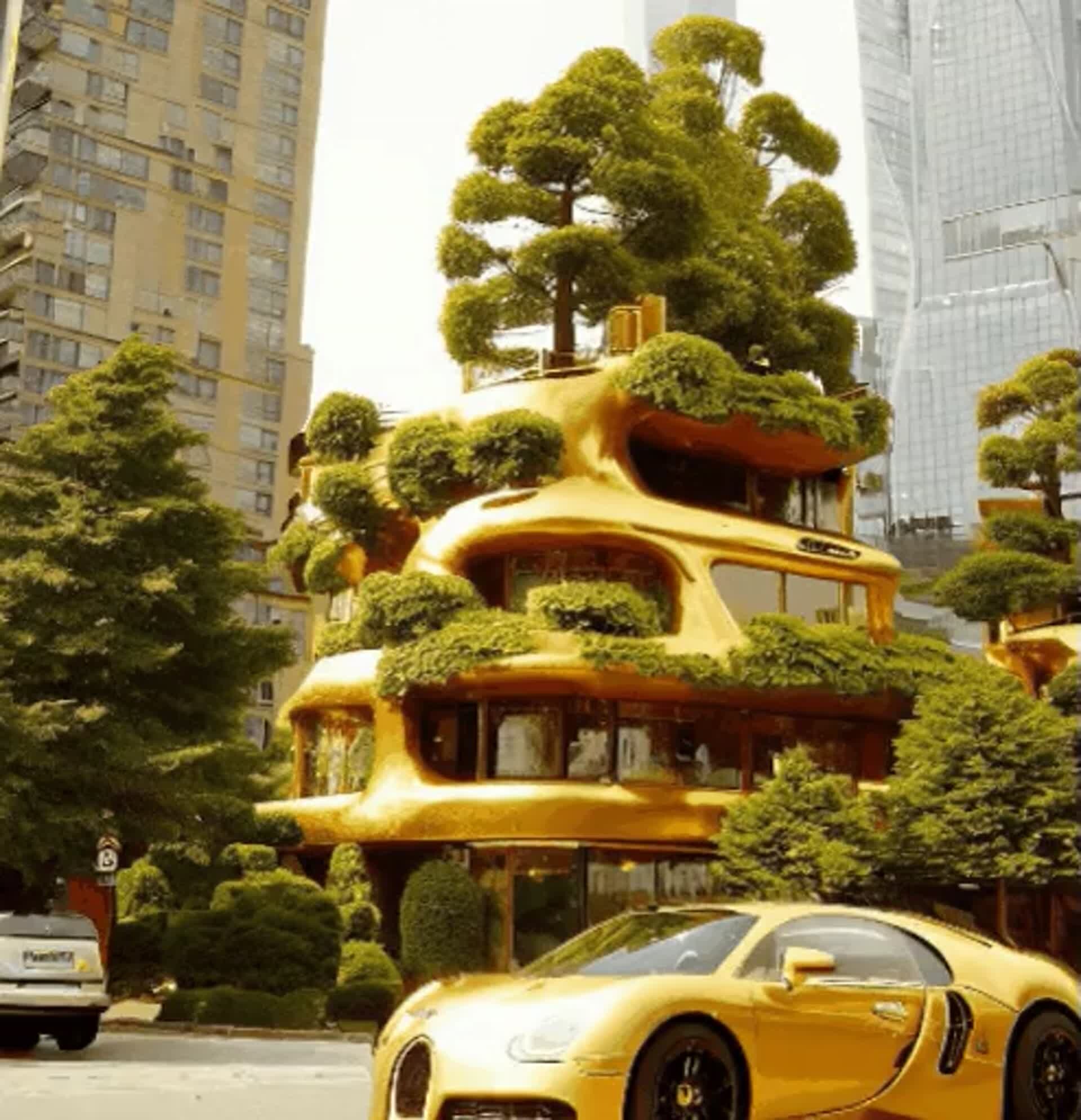 ArtStation - Bugatti car in gold building roofs gardens