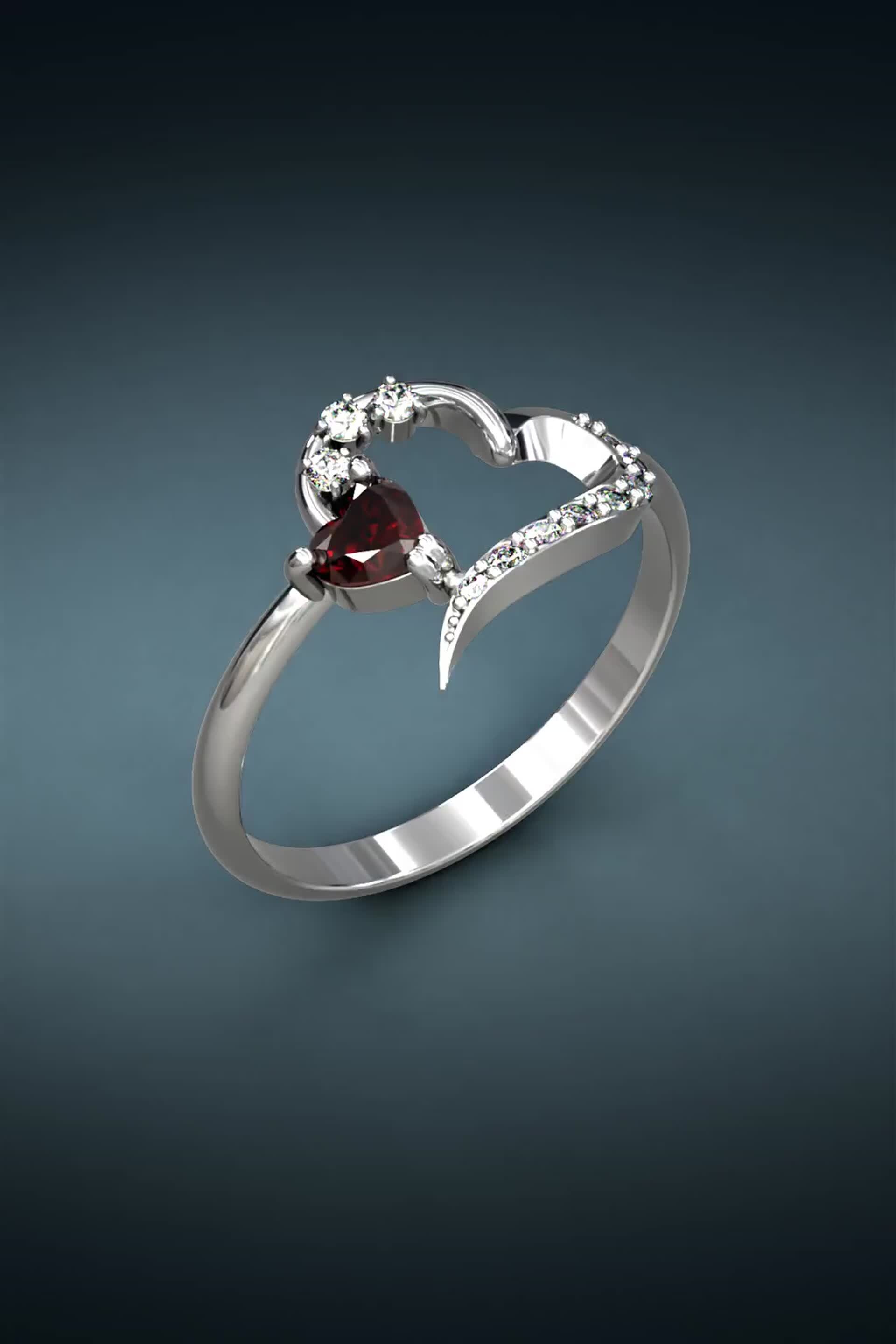 ArtStation - White gold Heart ring with diamonds and garnet