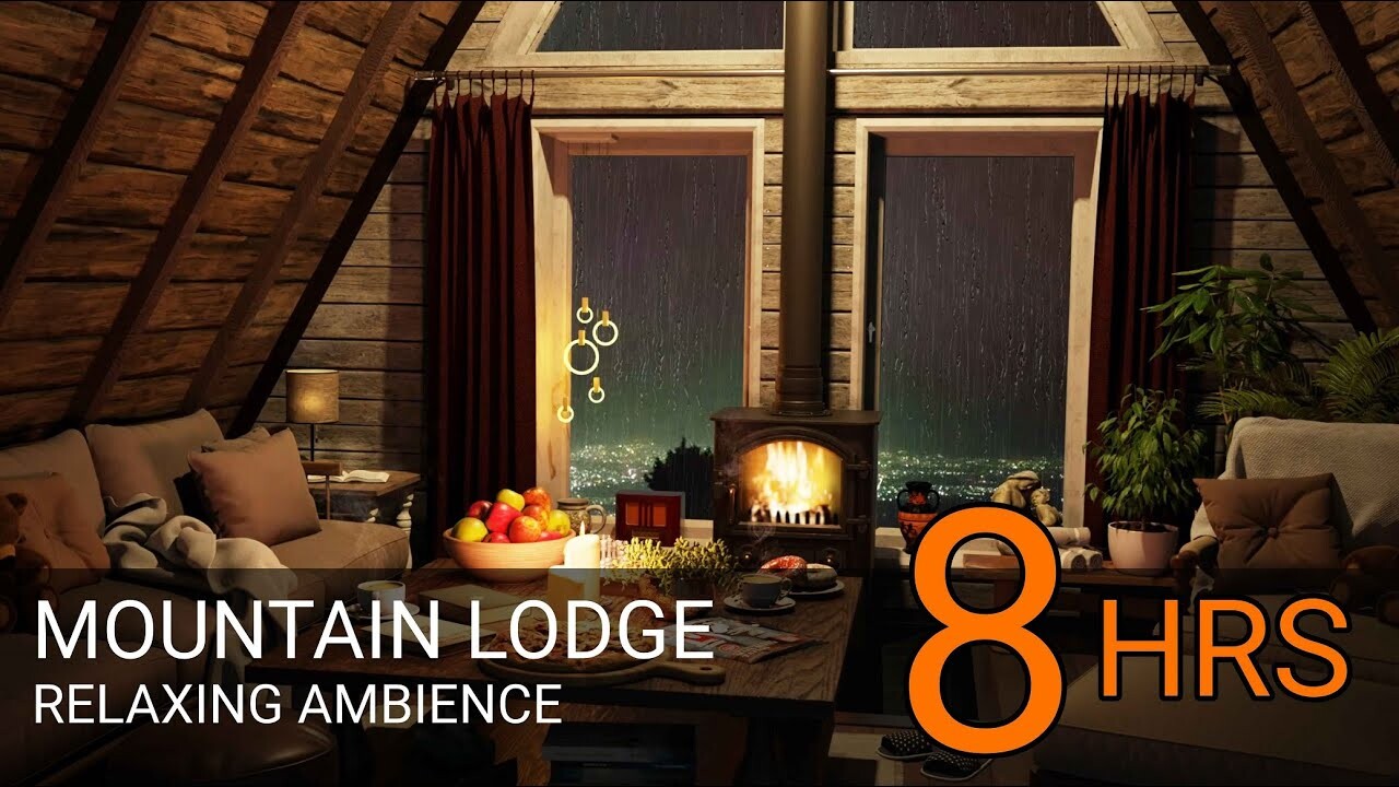 ArtStation - Relaxation - Mountain lodge with rain and a crackling fire.