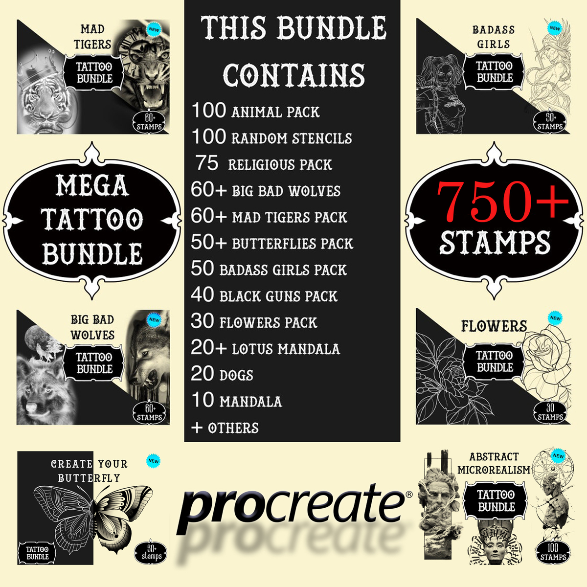 ArtStation - 750+ Tattoo stencils | Procreate tattoo stamps | Procreate ...