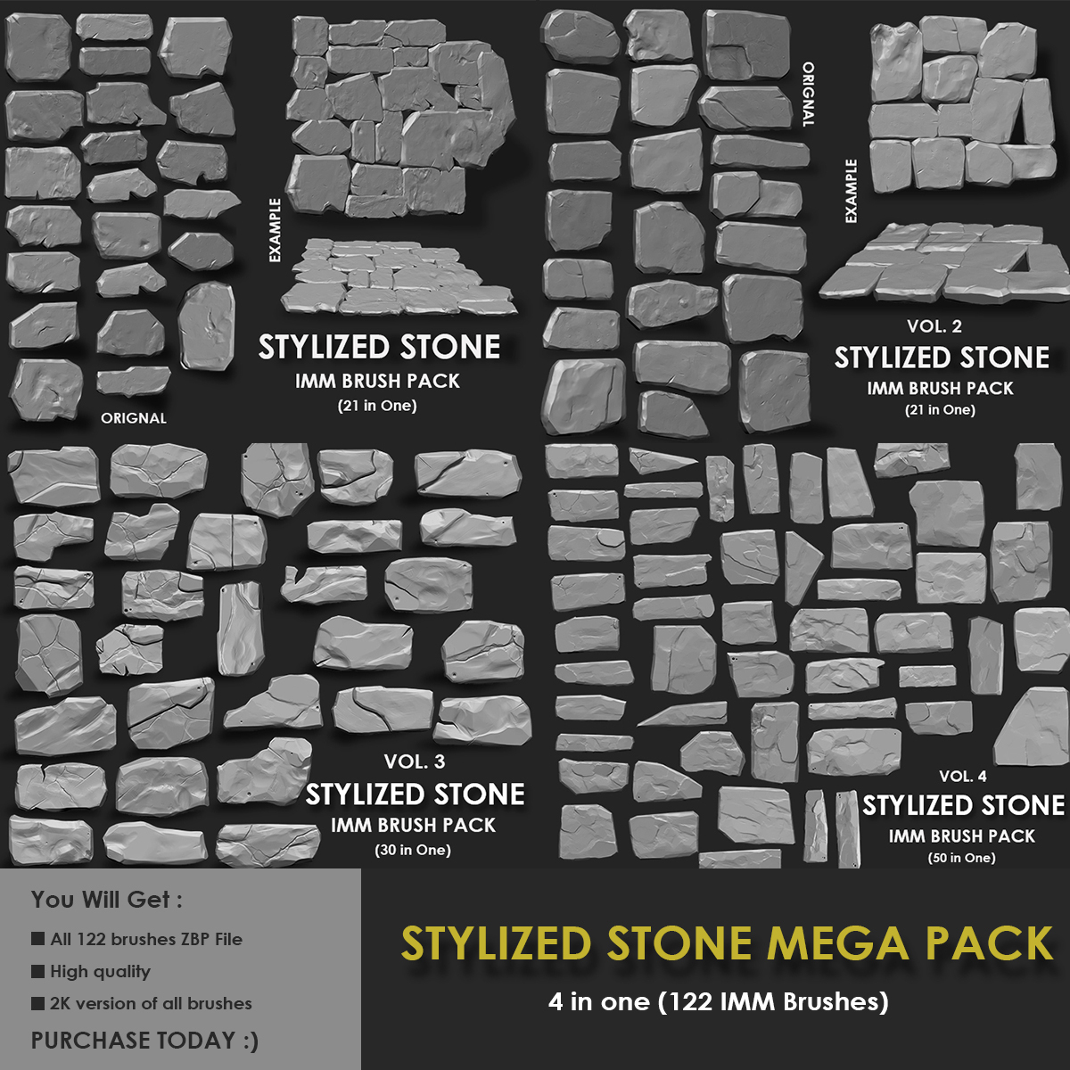 ArtStation - STYLIZED STONE MEGA PACK (4 IN ONE - 122 BRUSHES)