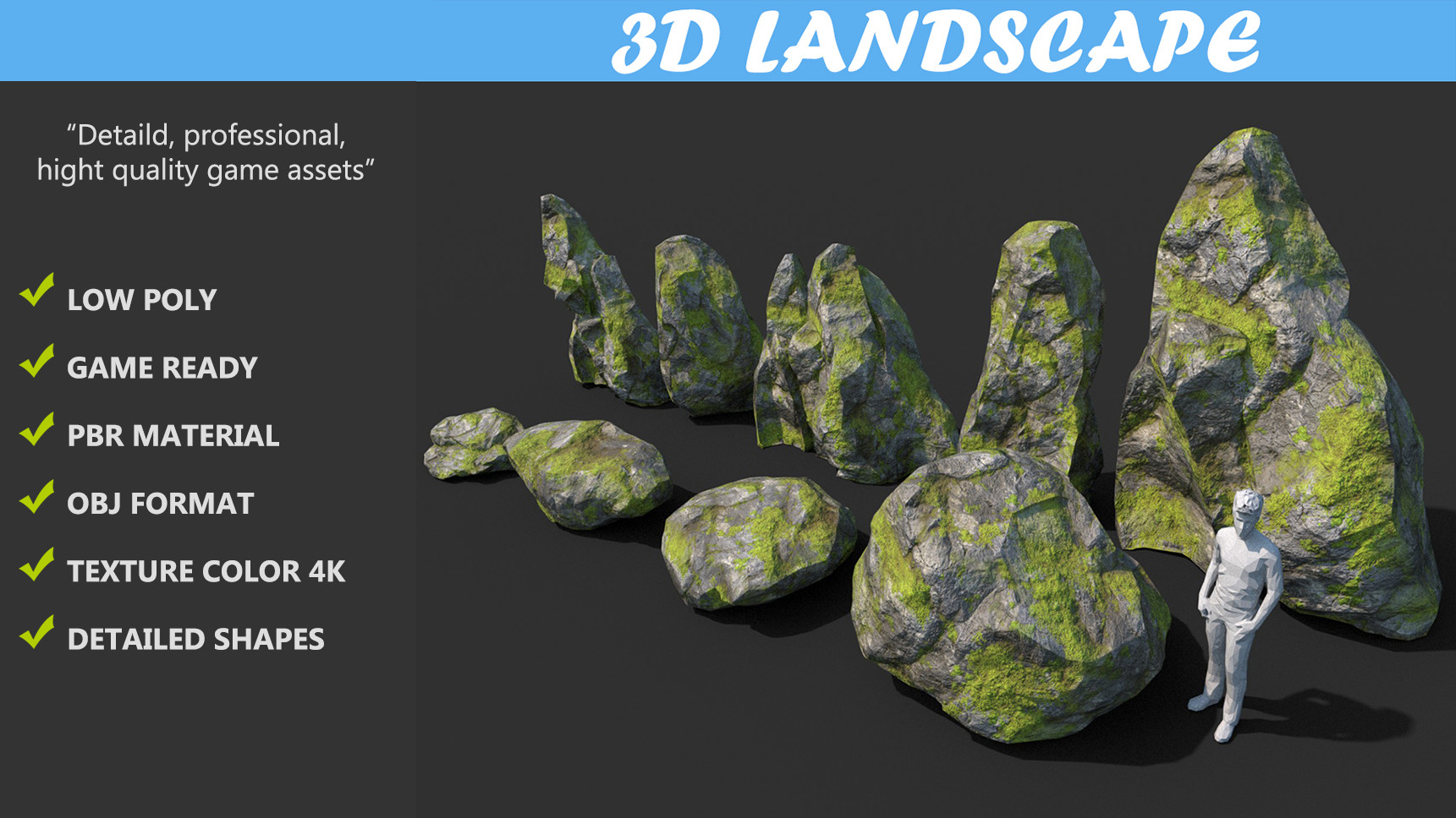 ArtStation - Low poly sharp blocky rock Pack - mossy color | Game Assets