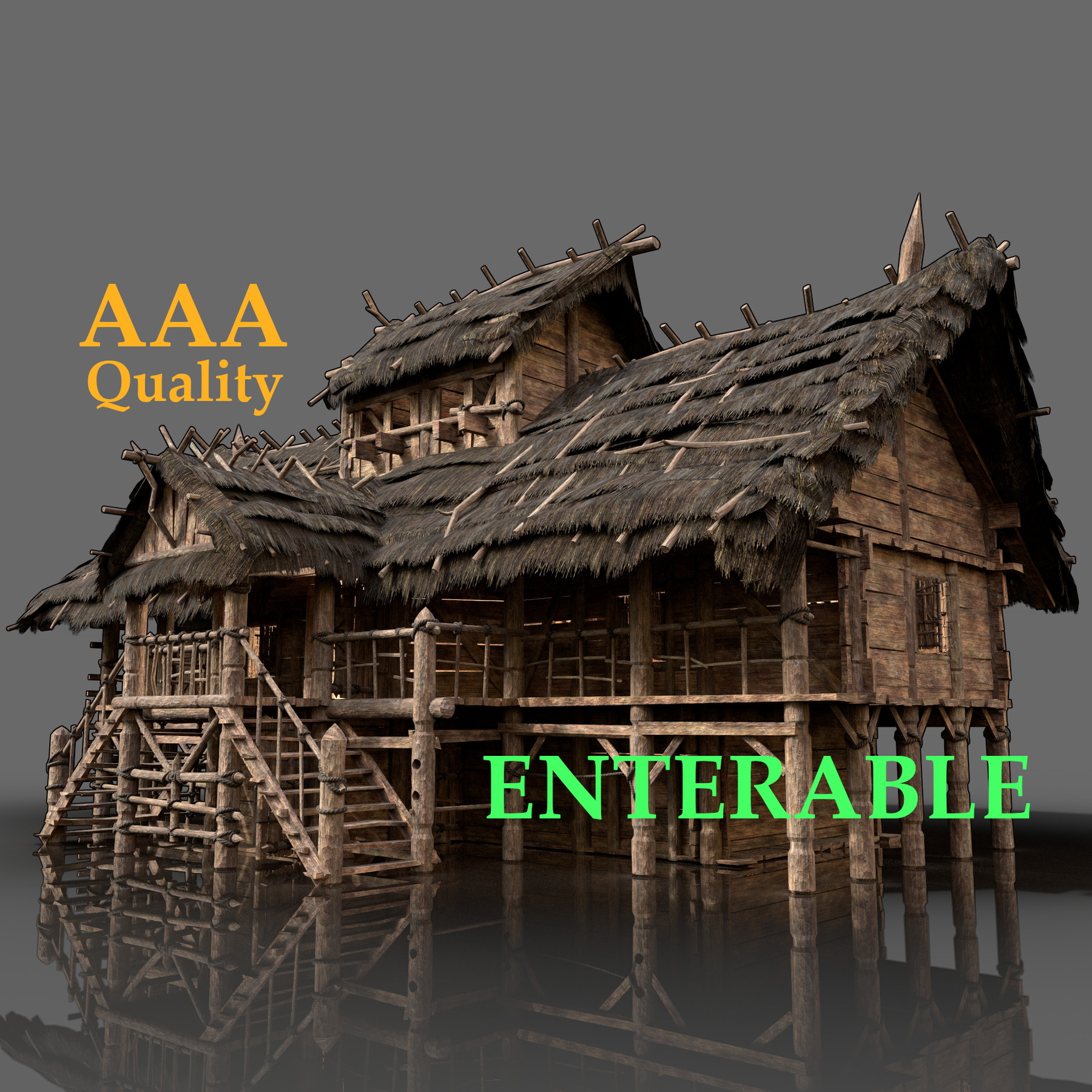 Enterables - FANTASY MEDIEVAL WOODEN THATCHED SWAMP HOUSE