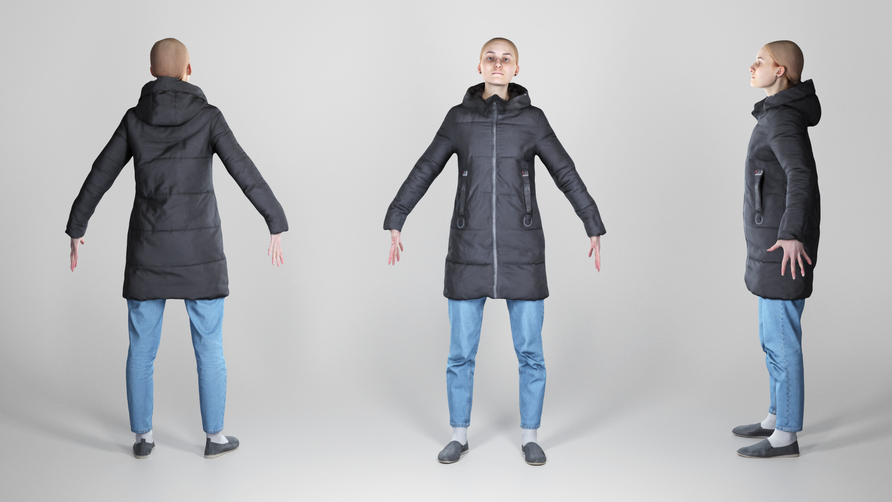ArtStation - Young woman in a black down jacket in A-pose 165 | Resources