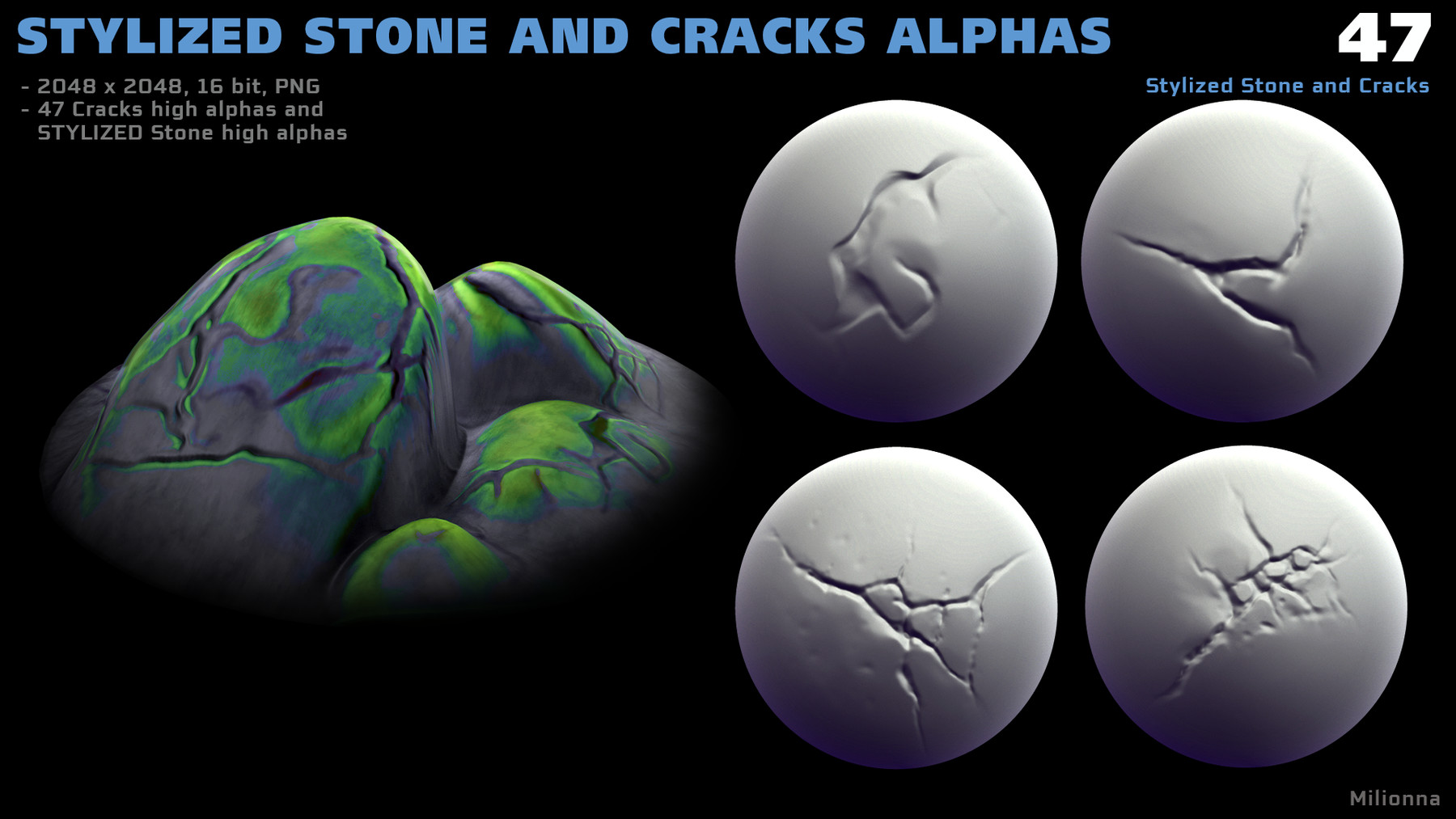 Milionna An - 47 Stylized Stone and Cracks Alphas (ZBrush, PNG, VDM brush)