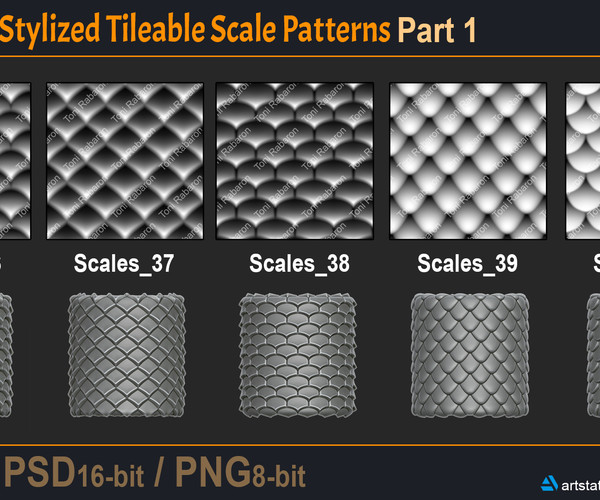 ArtStation - 50 Stylized Tileable Displacement/Alpha Scale Patterns Part 1 | Brushes