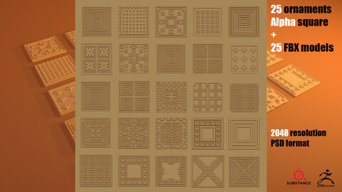 ArtStation - 25 ornaments Alfa square + 25 FBX models | Brushes