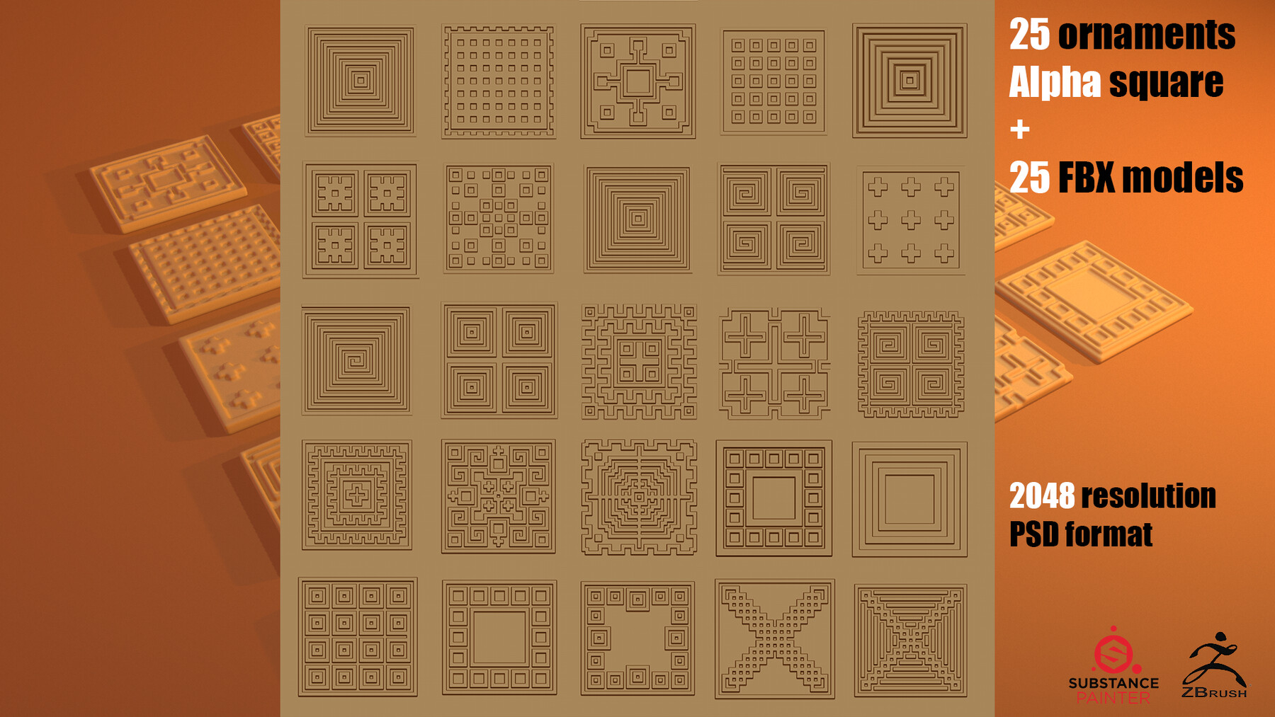 ArtStation - 25 ornaments Alfa square + 25 FBX models | Brushes