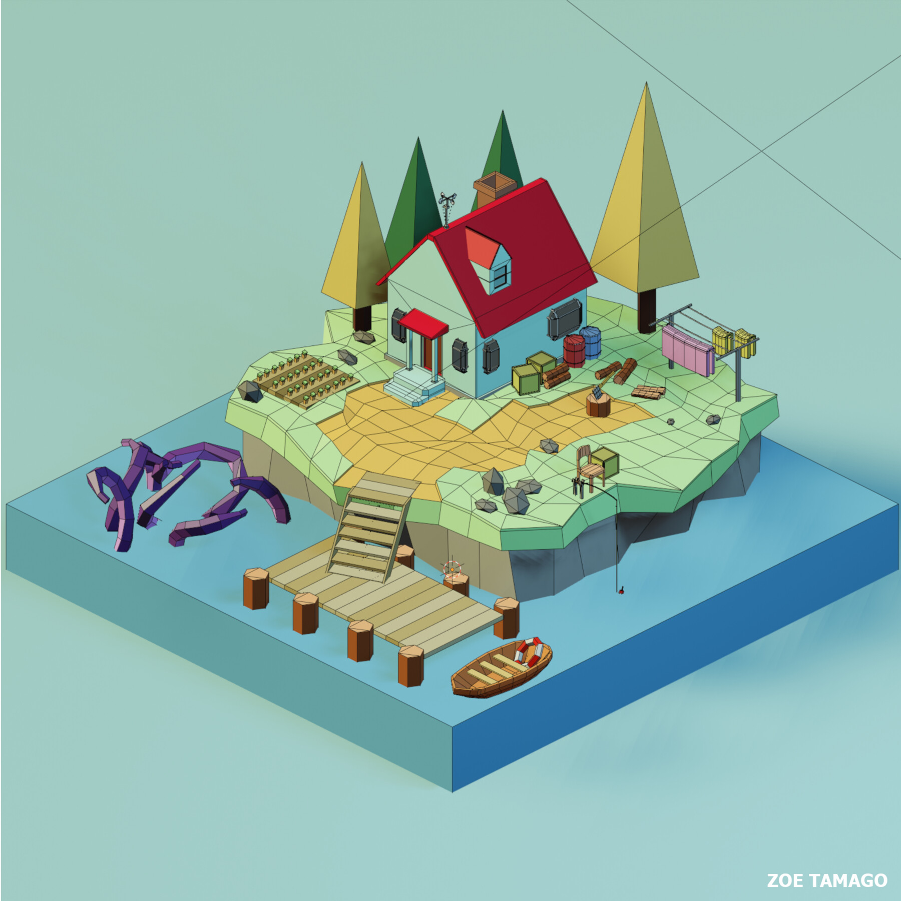 ArtStation - Isometric Low Poly House on an Island by Zoe Tamago ...