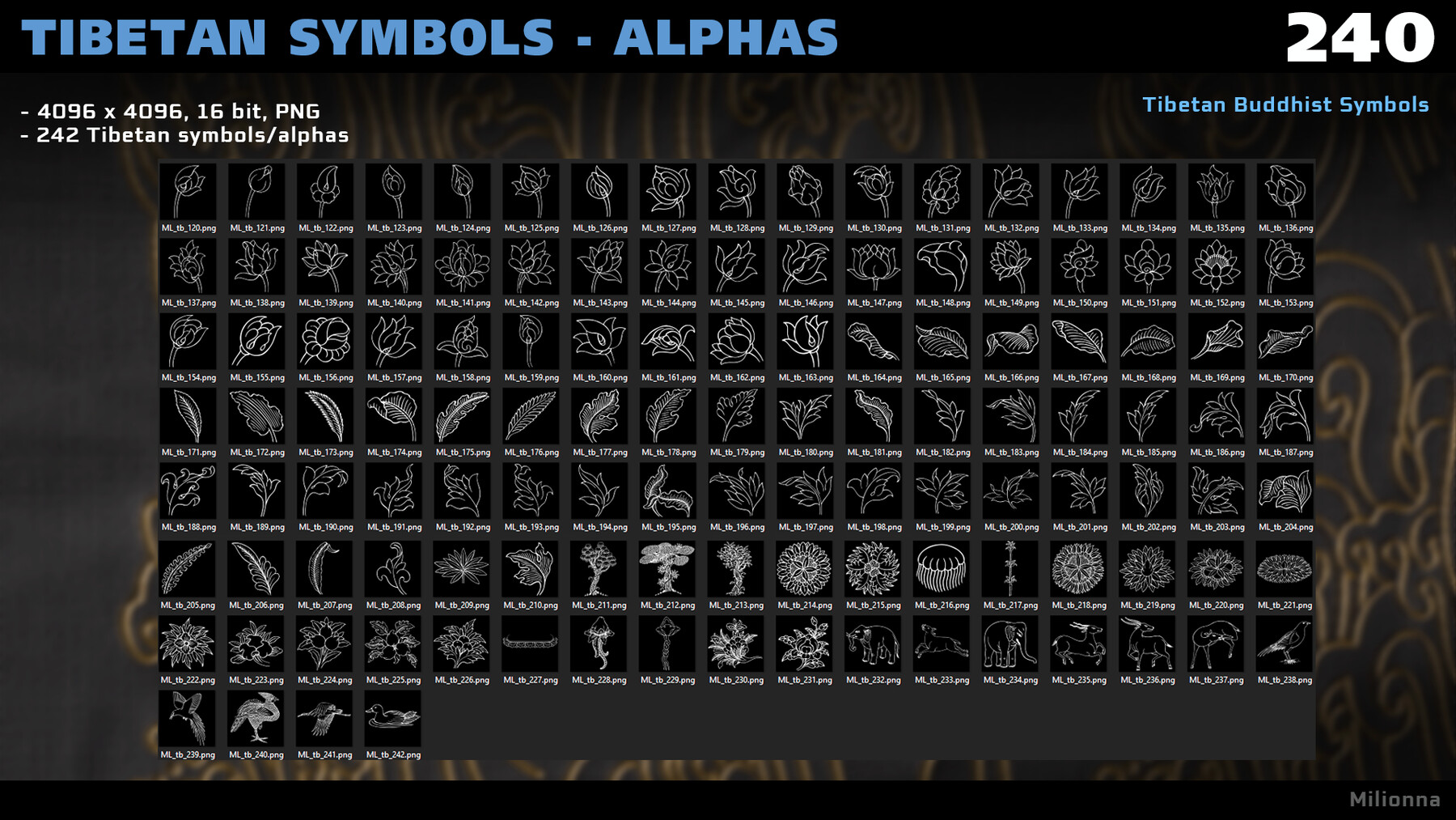 ArtStation - 240 Tibetan Symbols - Alphas (PNG) | Brushes
