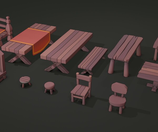 ArtStation - Stylized Low Poly Wooden Tables and Chairs Pack 01 | Game ...