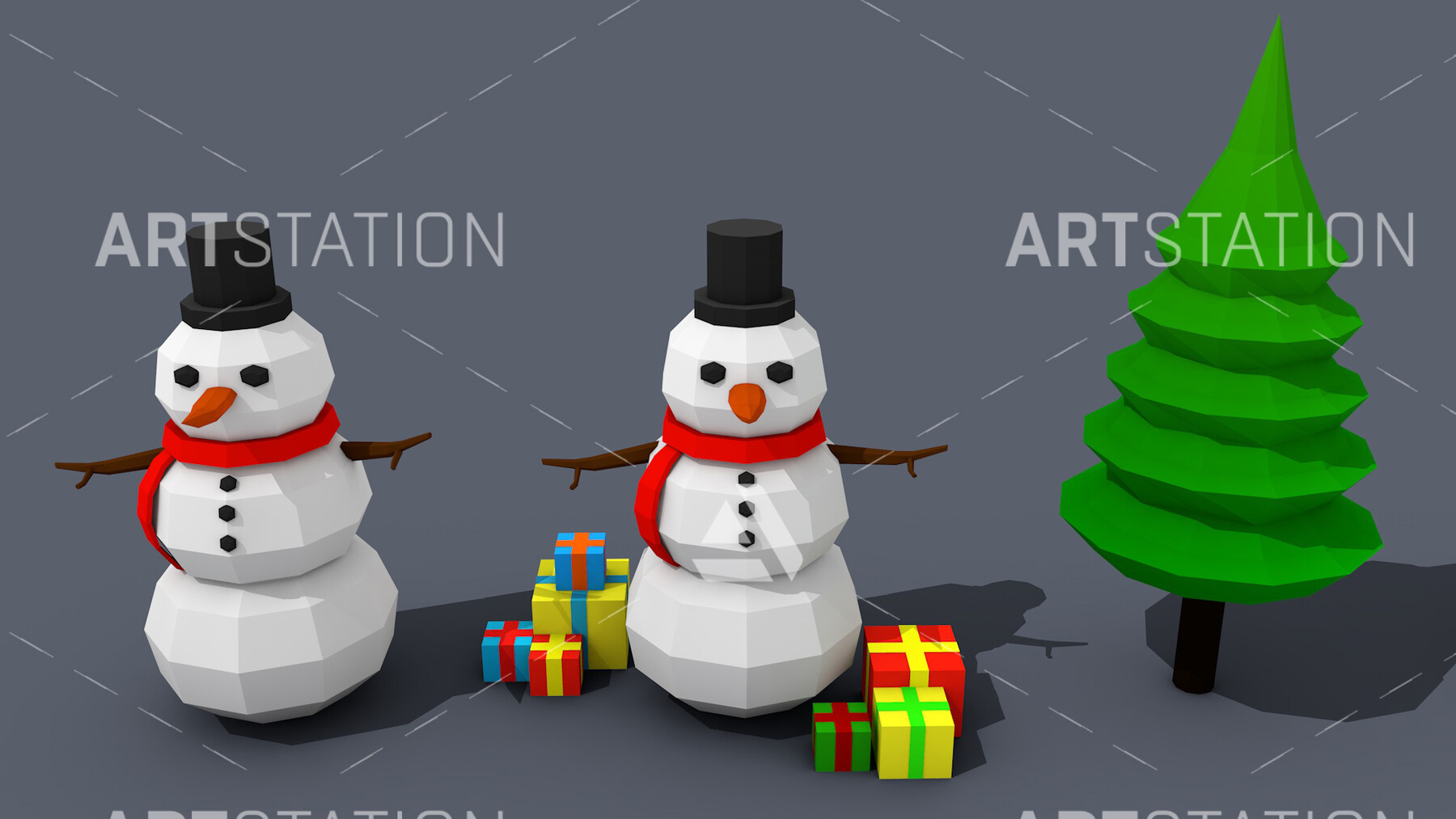 ArtStation - Low Poly Christmas Tree And Snowmen Gift Isometric Icon ...