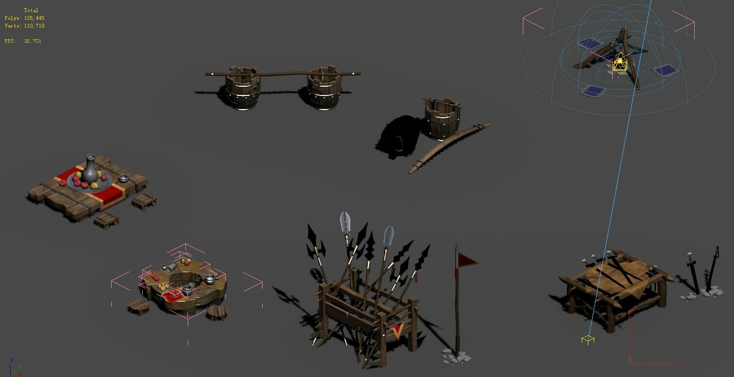 ArtStation - Bonfire - weapon rack - wooden barrels - tables and chairs ...