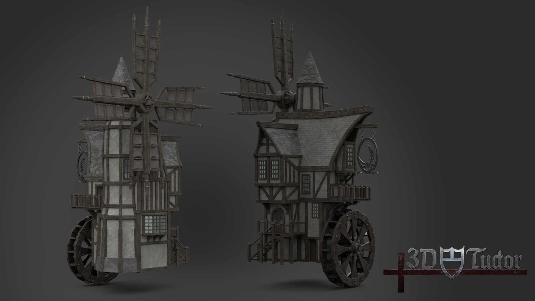 3D Tudor - Medieval Windmill water wheel Pack Blender and Unreal Engine 5