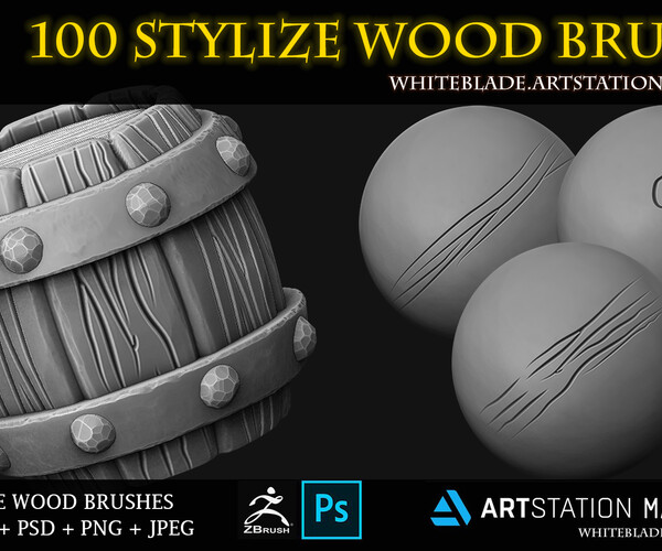 ArtStation - 100 Stylize Wood Brushes and 4K Alphas - ZBrush 4R8+ | Brushes
