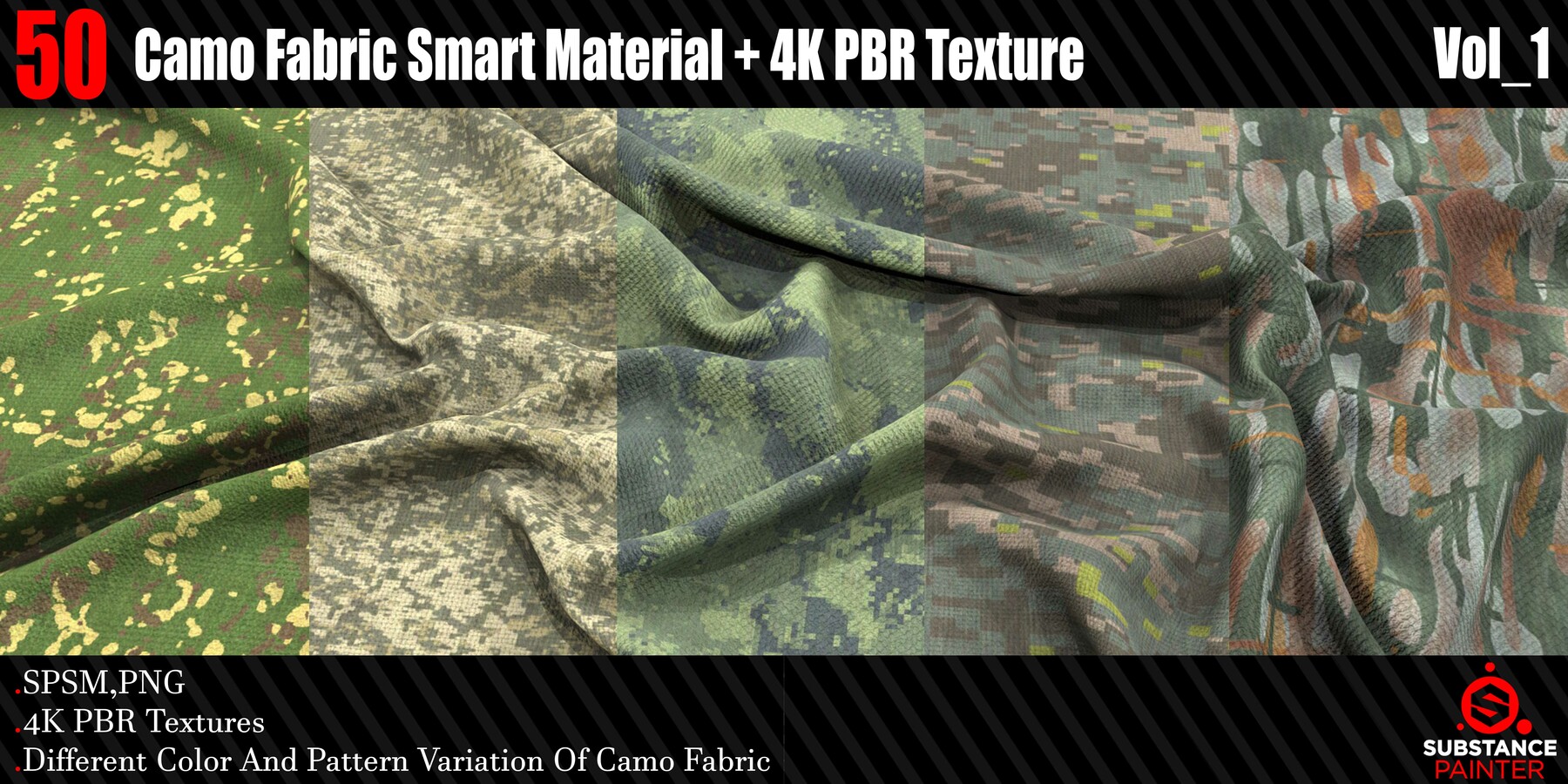 ArtStation - 50 Camo Fabric Smart Material + 4K PBR Texture | Game Assets