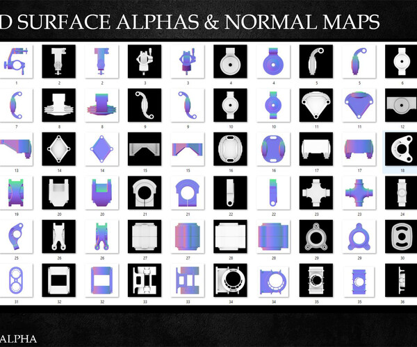 ArtStation - 200+HARD SURFACE ALPHAS & NORMAL MAPS-VOL 2 | Brushes
