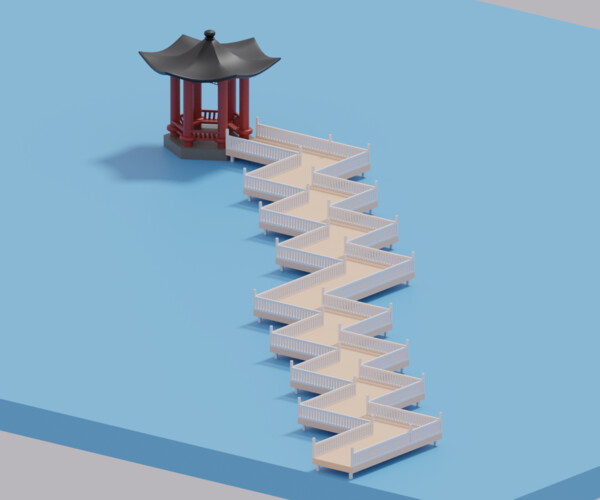 ArtStation - Cartoon Chinese Nine-turn bridge and Pavilion 3D model ...