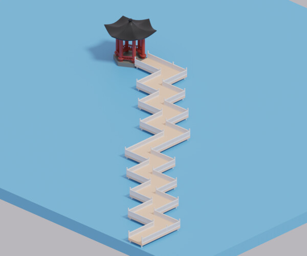 ArtStation - Cartoon Chinese Nine-turn bridge and Pavilion 3D model ...