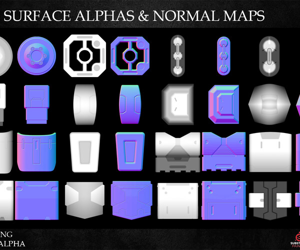 ArtStation - 70+HARD SURFACE ALPHAS & NORMAL MAPS-VOL 3 | Brushes