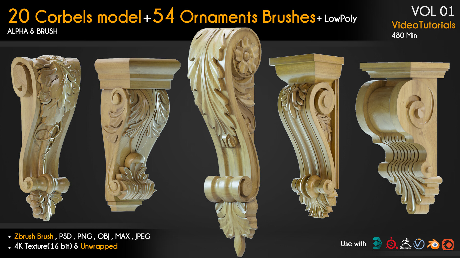 ArtStation - 20 Corbels 3D Models + 54 Ornament Brushes and 3D Models ...