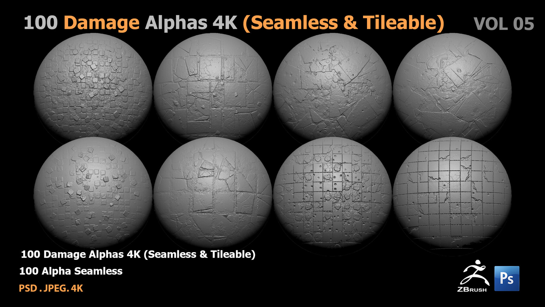 ArtStation - 100 Damage Alphas 4K (Seamless & Tileable) | Brushes