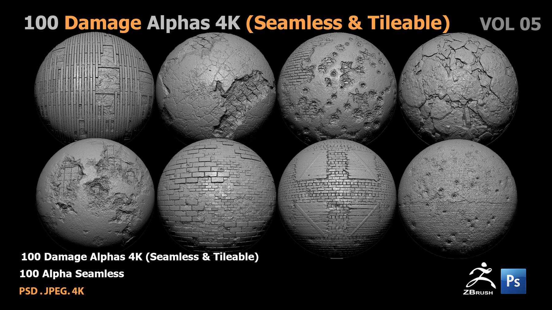 ArtStation - 100 Damage Alphas 4K (Seamless & Tileable) | Brushes