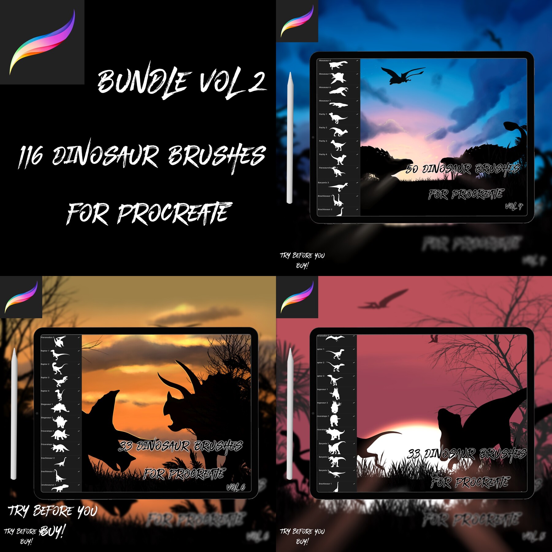 ArtStation - 116 Dinosaur Brushes for Procreate Bundle Vol 4-6 | Brushes