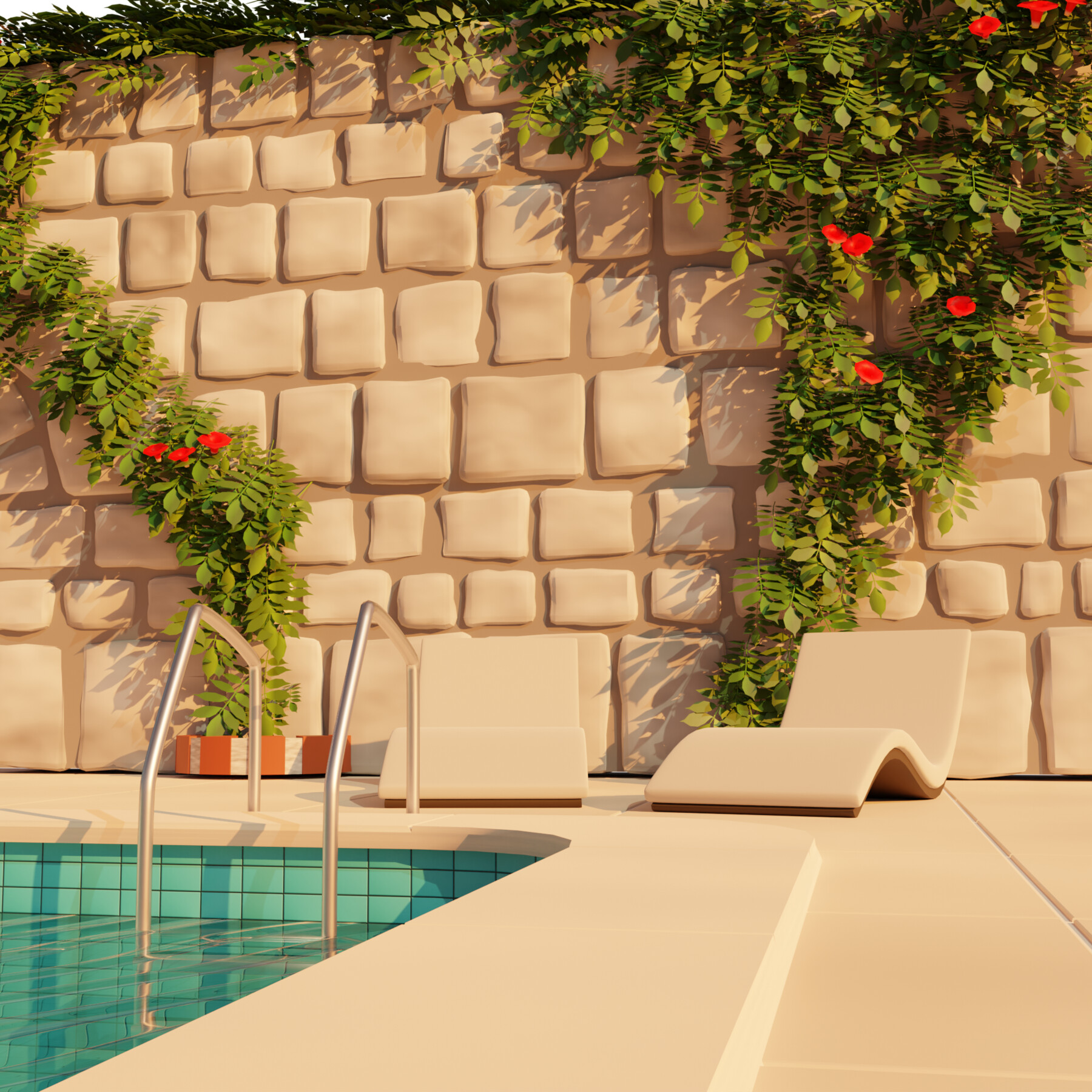 ArtStation - Pool Side with Ancient Wisteria Wall Low-poly 3D model ...
