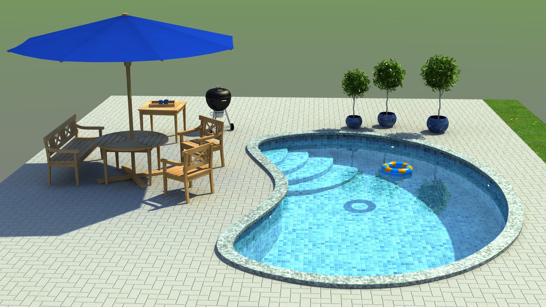 ArtStation - 3D model - Pool with garden furniture and BBQ | Game Assets