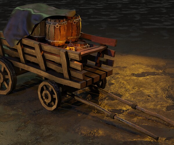ArtStation - A stylized medieval cart with a lamp and barrels | Game Assets