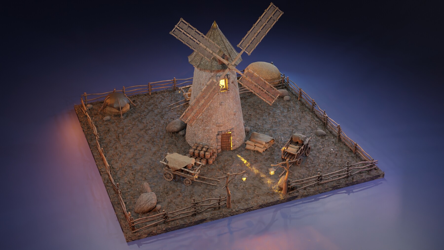 ArtStation - Animated stylized medieval scene of a mill with props ...