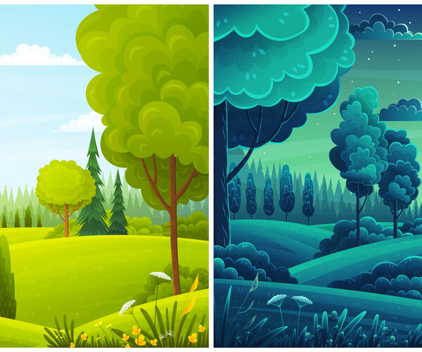 ArtStation - Day and night landscape with hills, forest, fir-trees ...