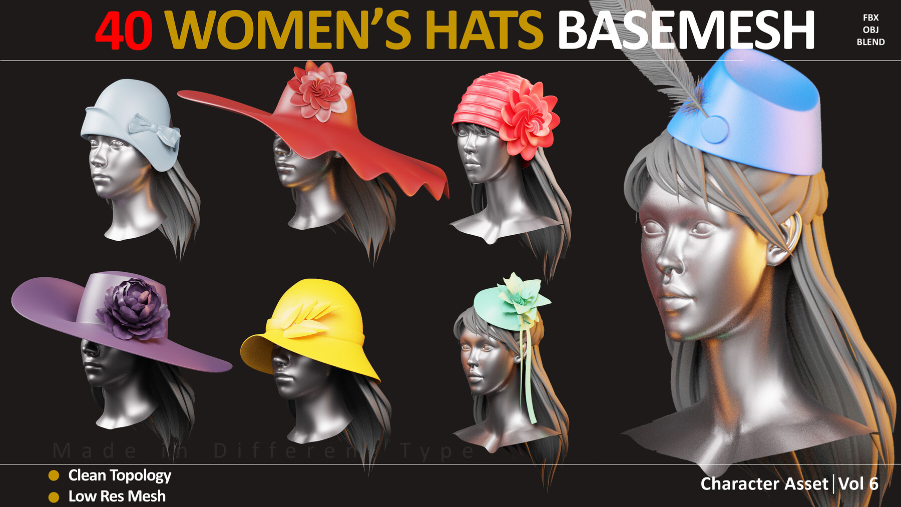 ArtStation - 40 WOMEN’S HATS BASEMESH ( VOL 6 ) | Resources