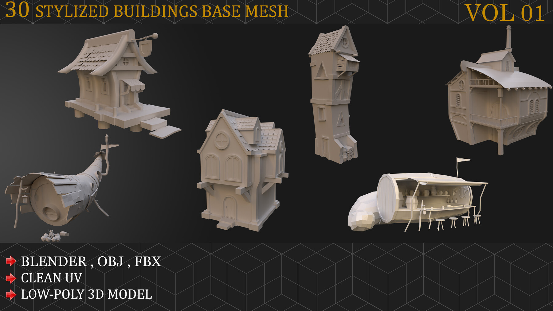 ArtStation - 30 Stylized Buildings Base mesh VOL 01 | Game Assets