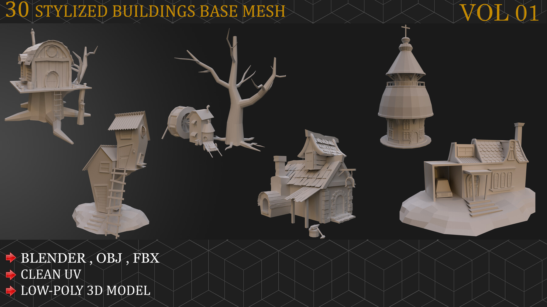 ArtStation - 30 Stylized Buildings Base mesh VOL 01 | Game Assets