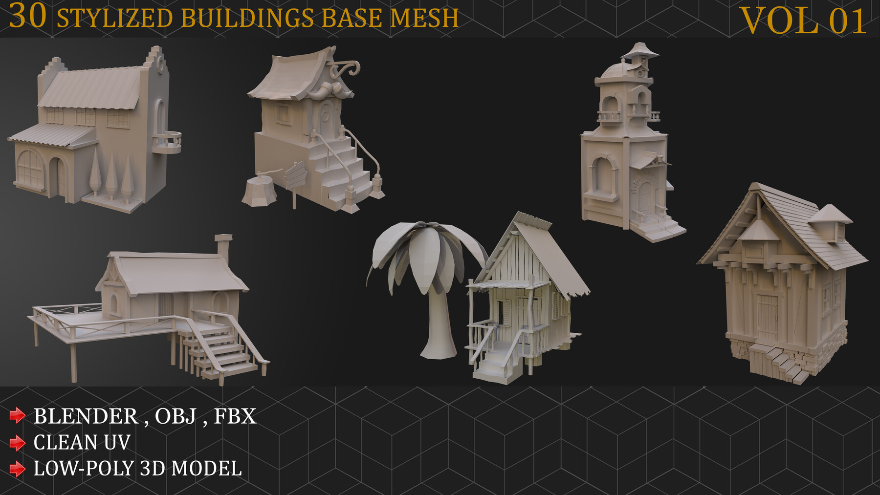 ArtStation - 30 Stylized Buildings Base mesh VOL 01 | Game Assets