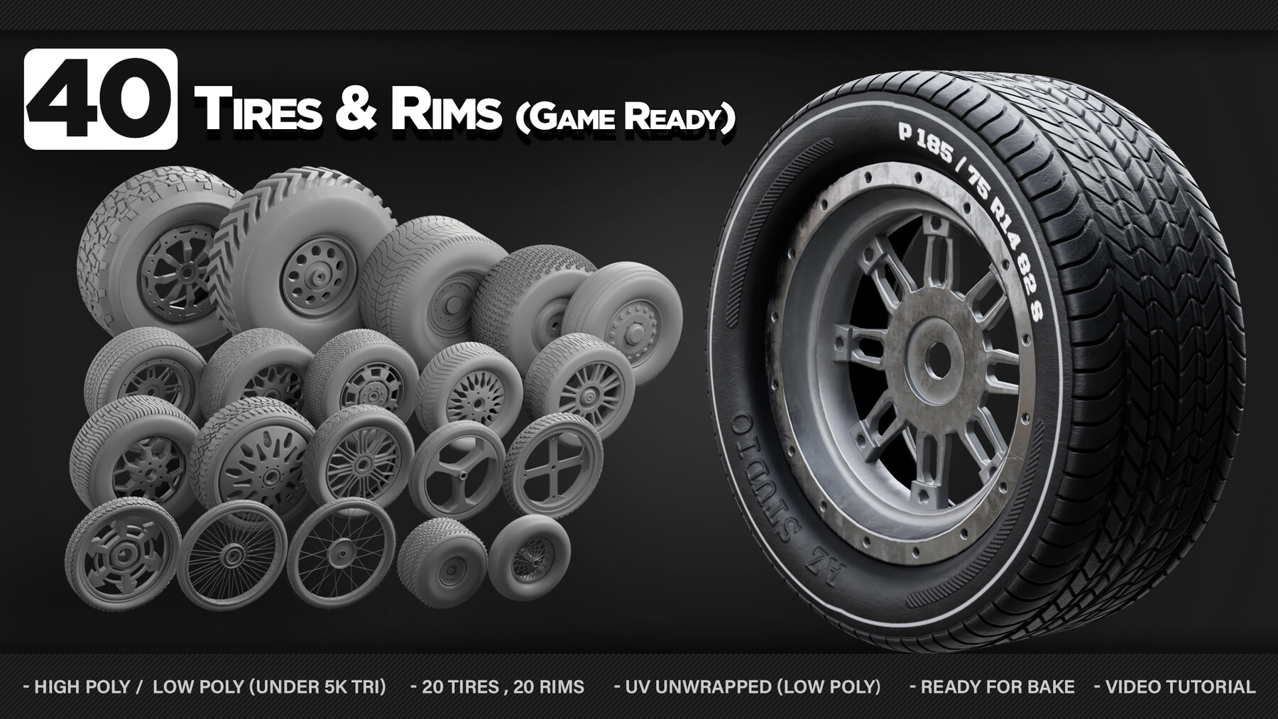 ArtStation - 40 Tires & Rims 3D Model (Game-Ready) | Game Assets