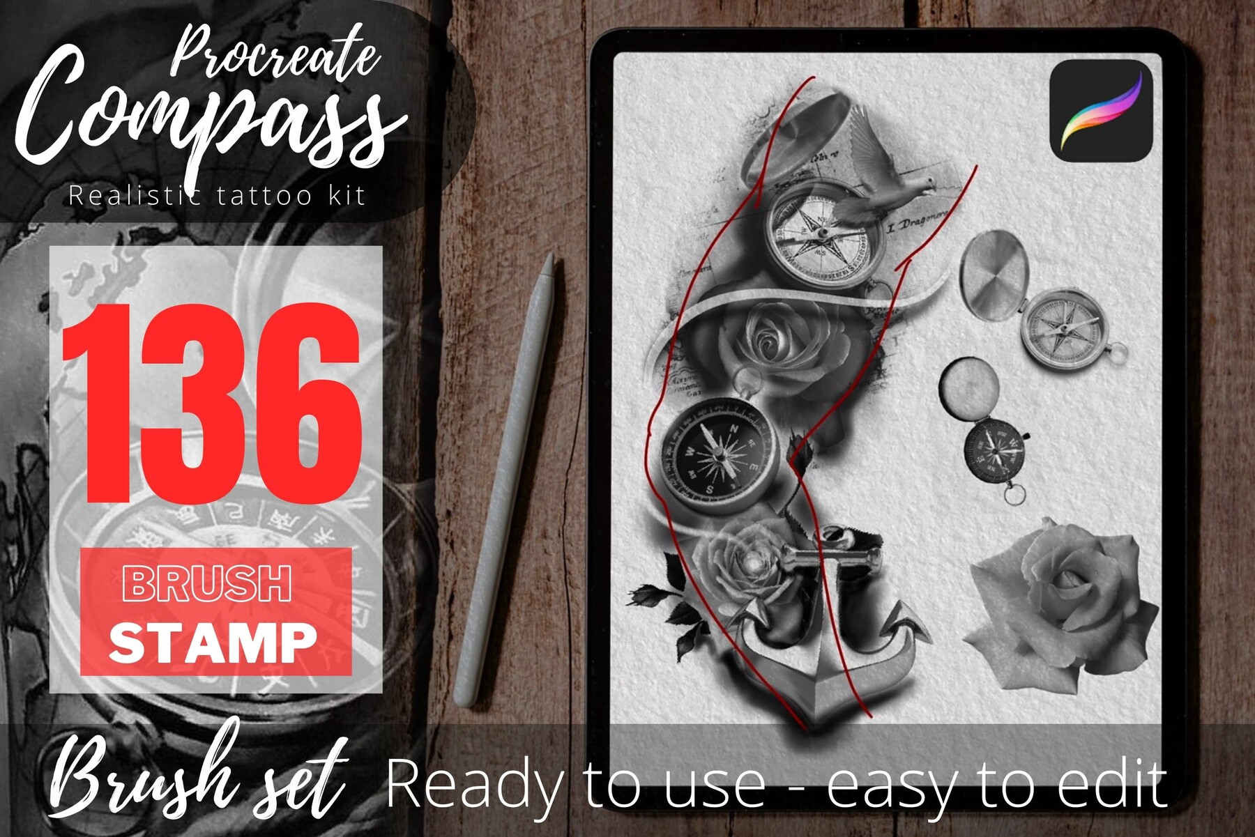 ArtStation - Procreate, compass Tattoo brush stamp , compass tattoo brush stamp, Roses tattoo ...