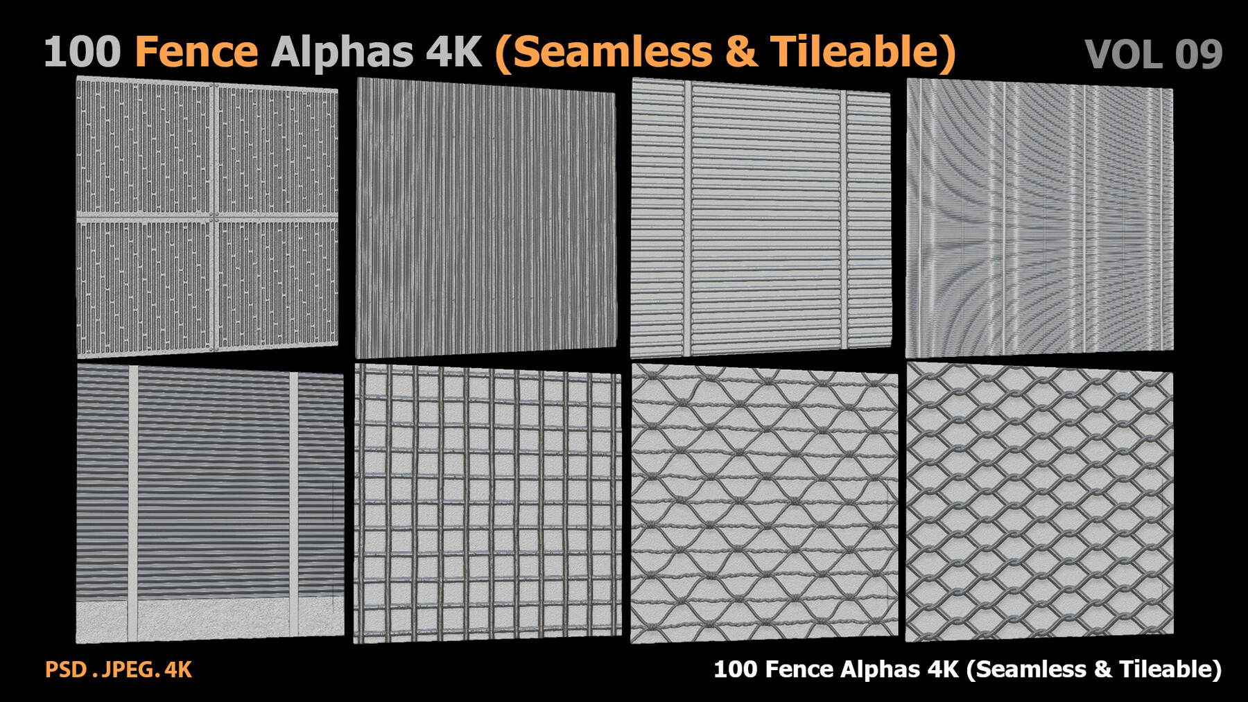ArtStation - 100 Fence Alphas 4K (Seamless & Tileable) VOL 09 | Brushes