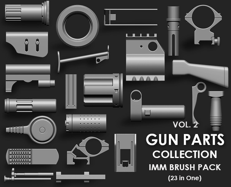 ArtStation - Gun Parts IMM Brush Pack 23 in One Vol. 2 | Brushes