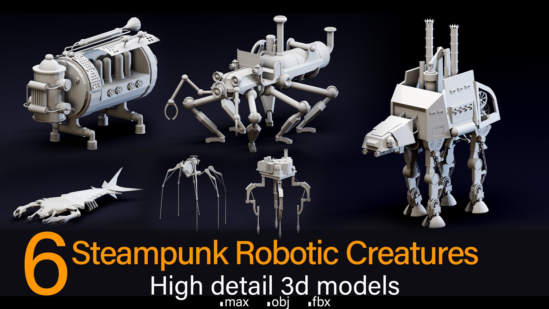 indus_3dial - 6 Steampunk Robotic Creatures- High detail 3d models