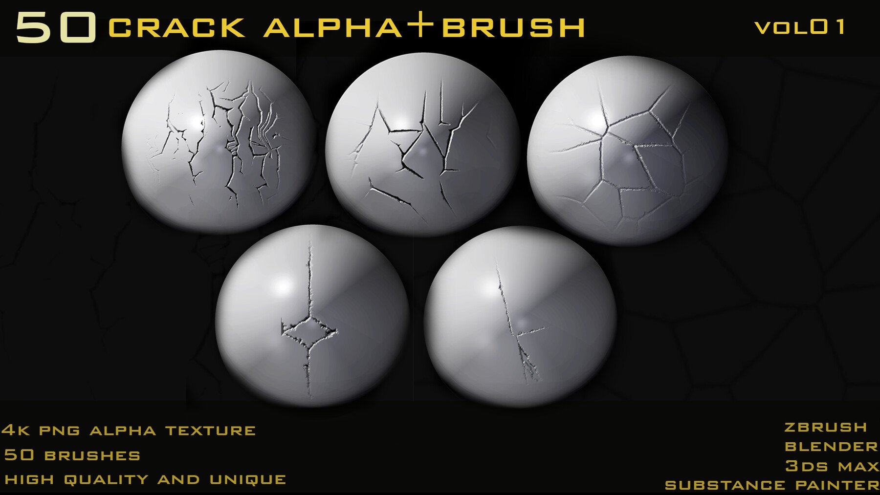 ArtStation - 50 Crack Alpha+Brushes (4k png alpha texture)Vol 01 | Brushes