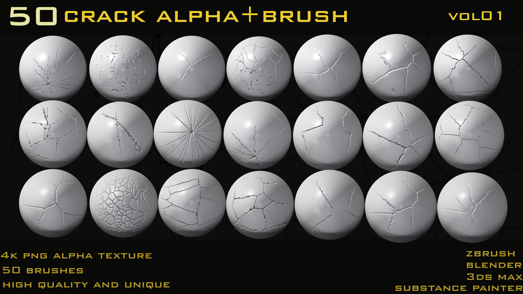 ArtStation - 50 Crack Alpha+Brushes (4k png alpha texture)Vol 01 | Brushes