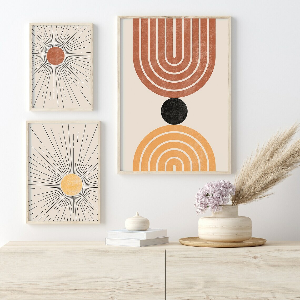 ArtStation - Mid Century Modern Geometric Sun Print Set of 3 Print ...
