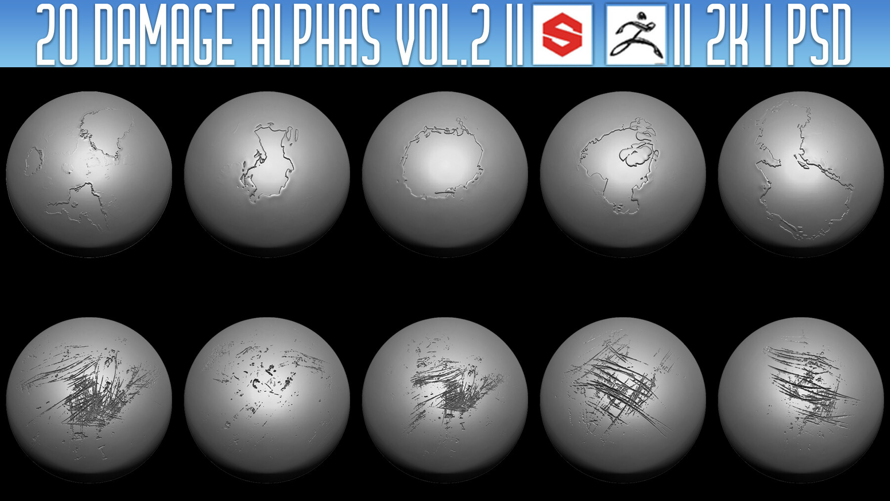 ArtStation - 20 Damage Alphas Vol.2 (ZBrush, Substance, 2K, PSD) | Brushes