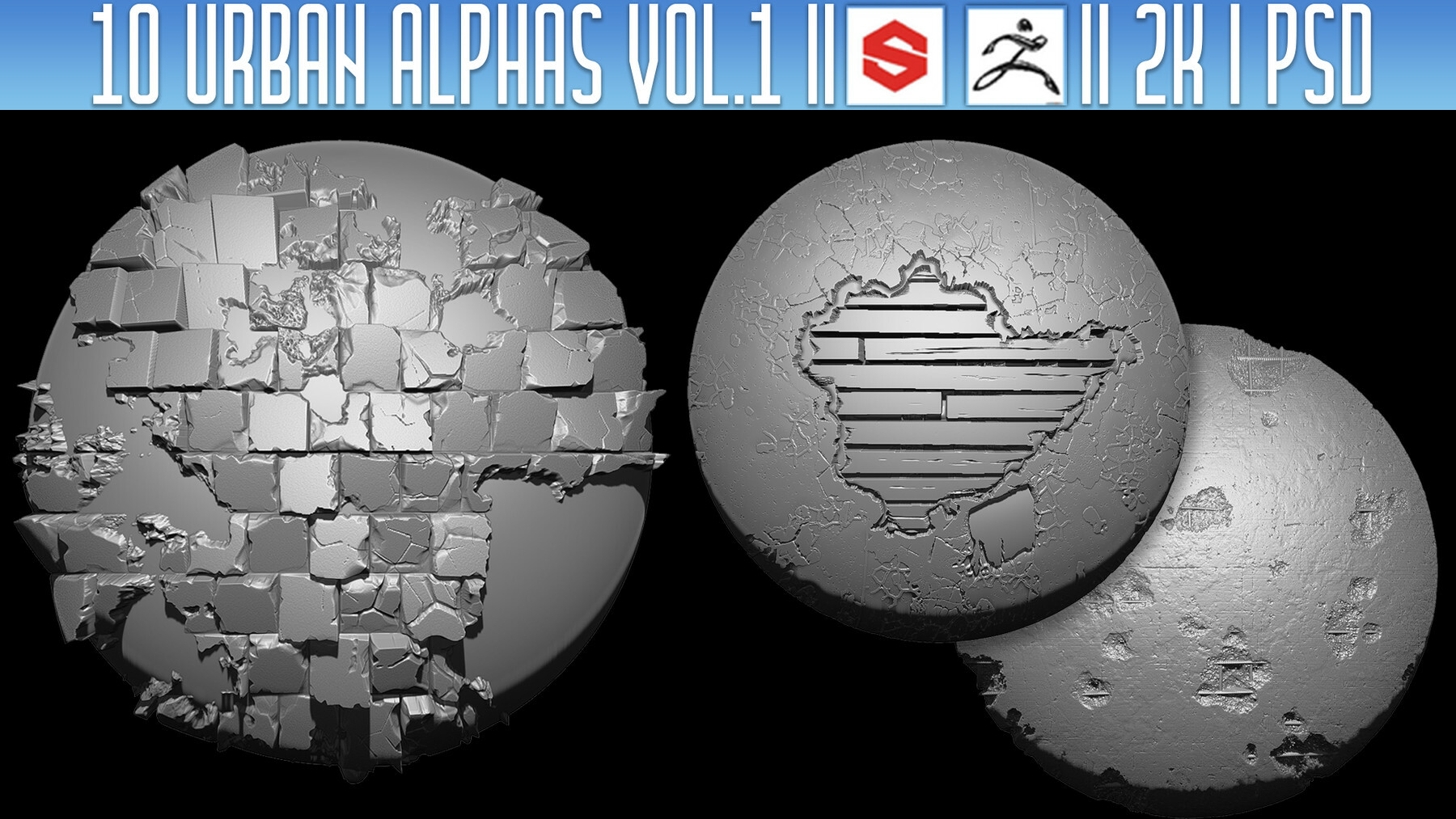 ArtStation - 10 Urban Alphas Vol.1 (ZBRush, Substance, 2K, PSD) | Brushes